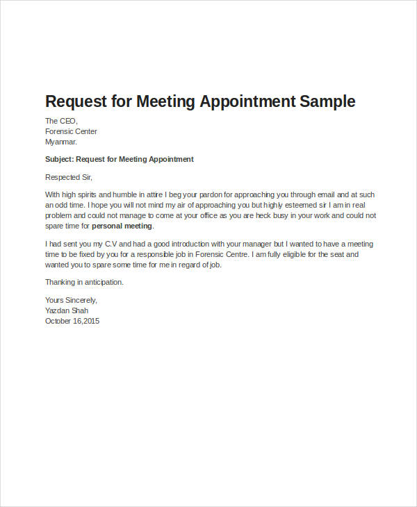 Sample Letter Re For Meeting Appointment