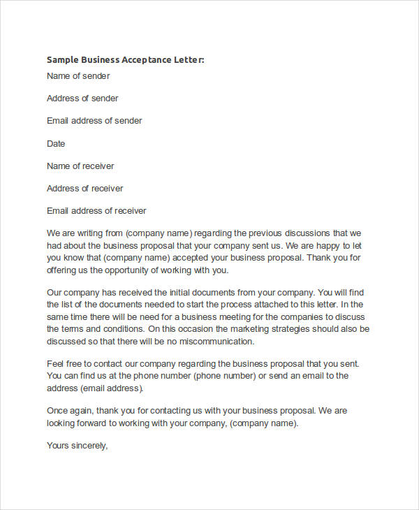 Proposal Acceptance Letter Sample