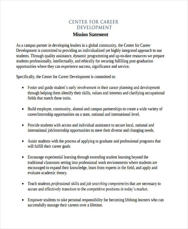 Personal career Mission Statement Examples 