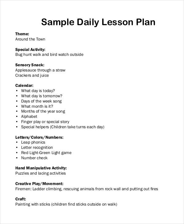 Daily Lesson Plan For Kindergarten Sample Pic zit