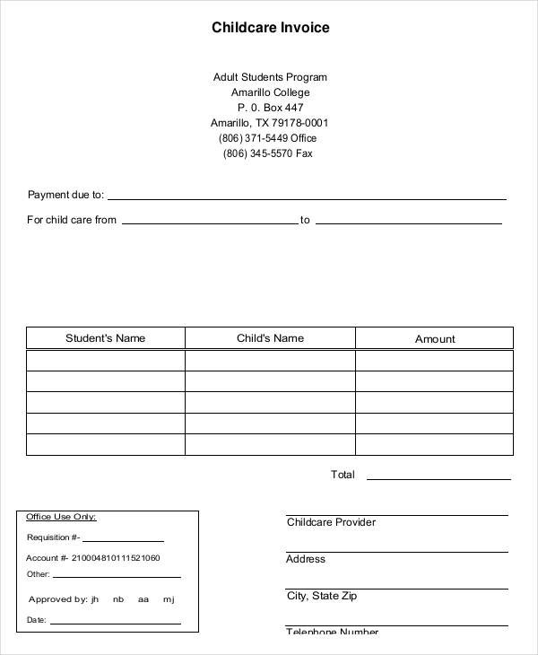 Child Care Invoice Template Excel