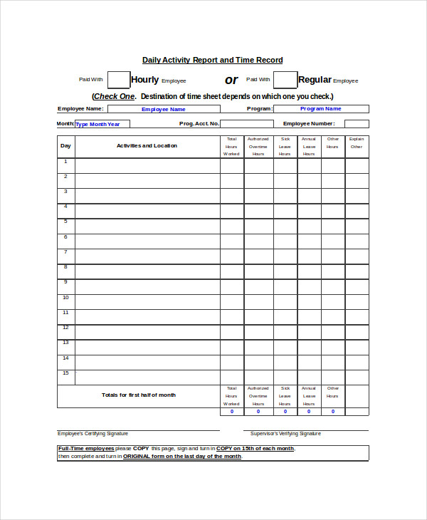 Daily Activity Report Sample Excel Excel Templates