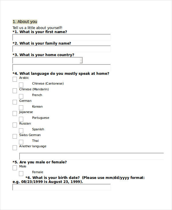Questionnaire Sample For Students