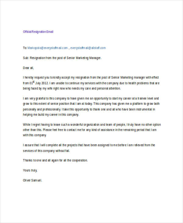 Resignation Email - 27+ Examples, Format, Pdf | Examples