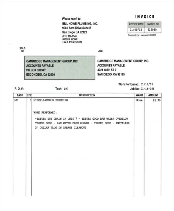 Plumbing Invoice Examples - 8+ Samples in Google Docs | Google Sheets ...