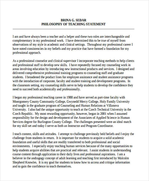 College Teaching Philosophy Statement Examples College Teaching Philosophy Statement Examples