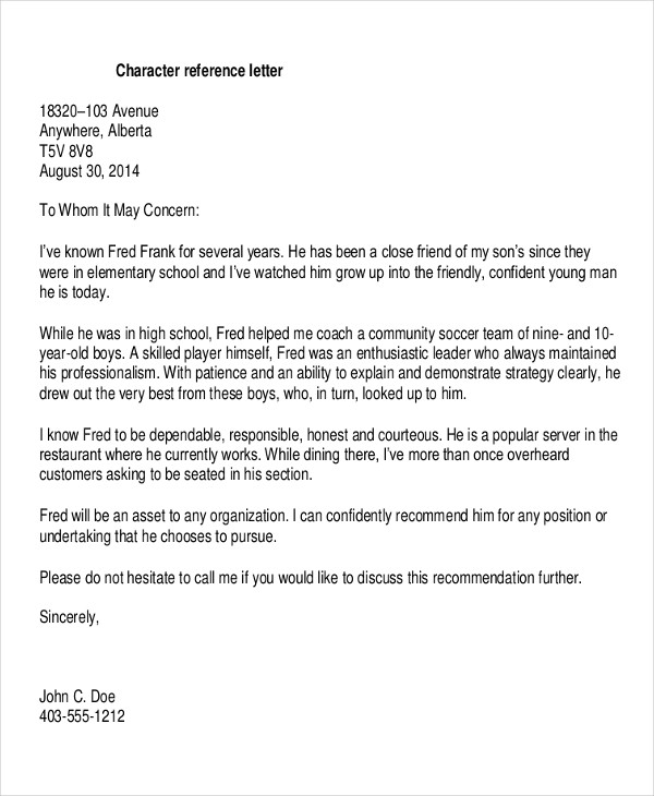 Character Reference Letter Sample For Rental