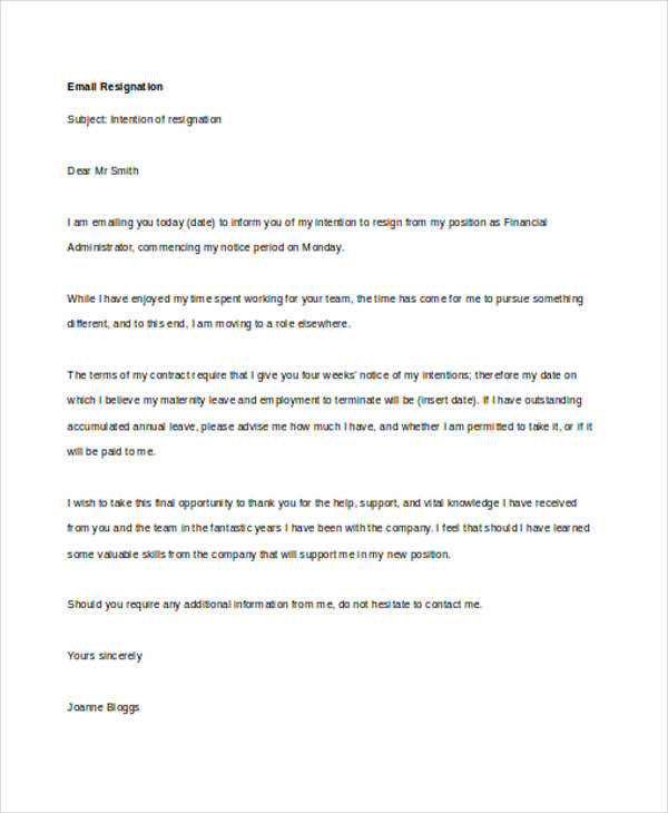 Resignation Email - 27+ Examples, Format, Pdf | Examples