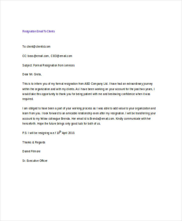 Letter To Customers Announcing Resignation Sample Resignation Letter 