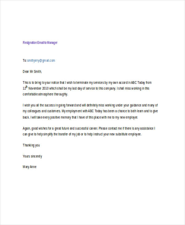 Resignation Email - 27+ Examples, Format, Pdf | Examples