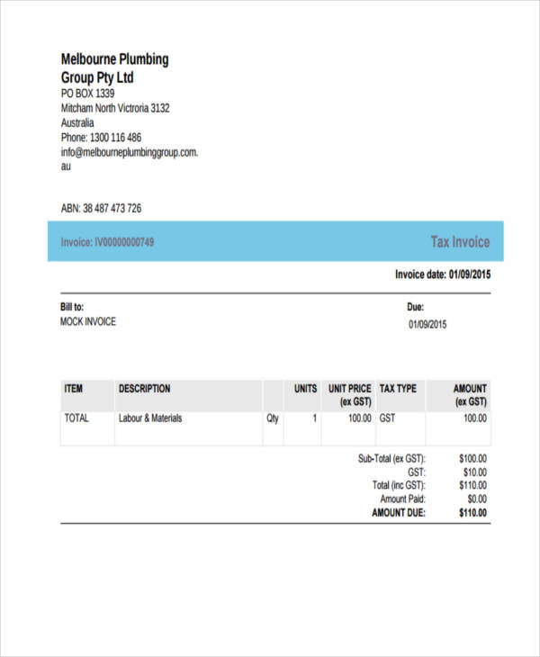 Plumbing Invoice Examples - 8+ Samples in Google Docs | Google Sheets ...