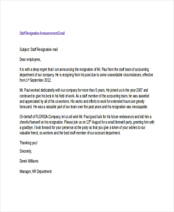 Resignation Email - 27+ Examples, Format, Pdf | Examples