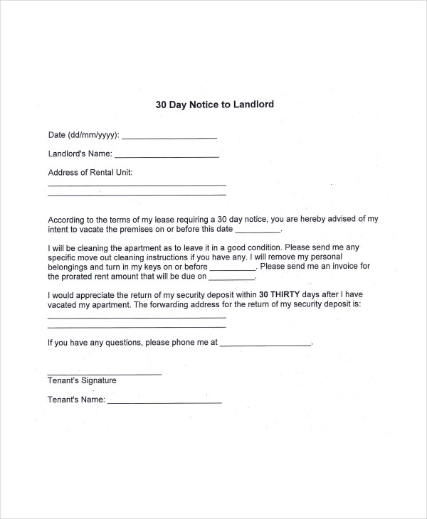 Sample Letter Of 30 Day Notice To Move Out