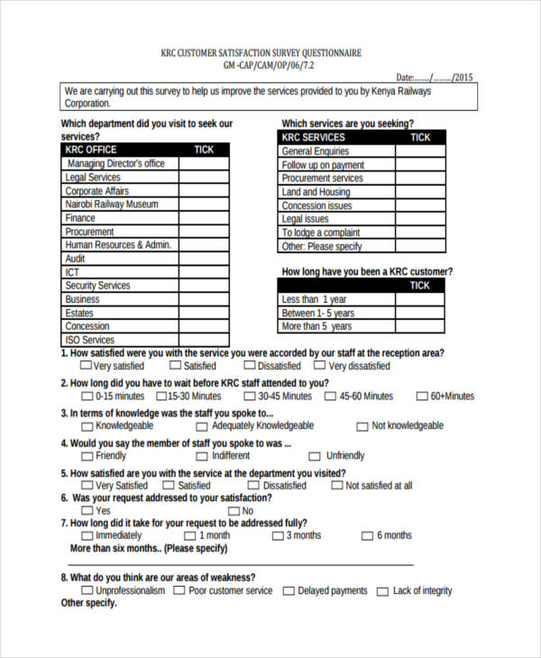 Questionnaire for Customer Satisfaction - 7+ Examples, Format, Pdf ...