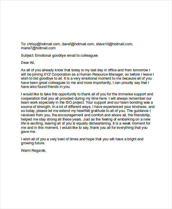 Farewell Letter To Colleagues In Office Sample Resignation Letter