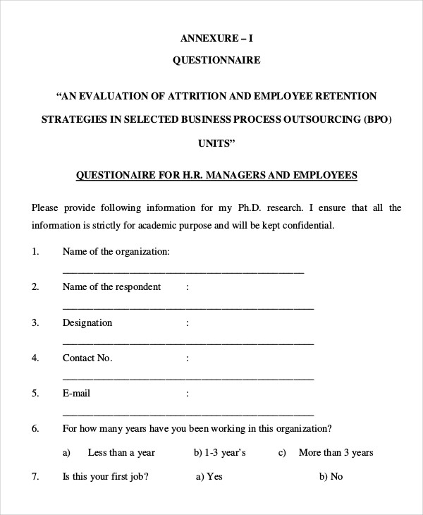 Employee Questionnaire - 6+ Examples, Format, Pdf