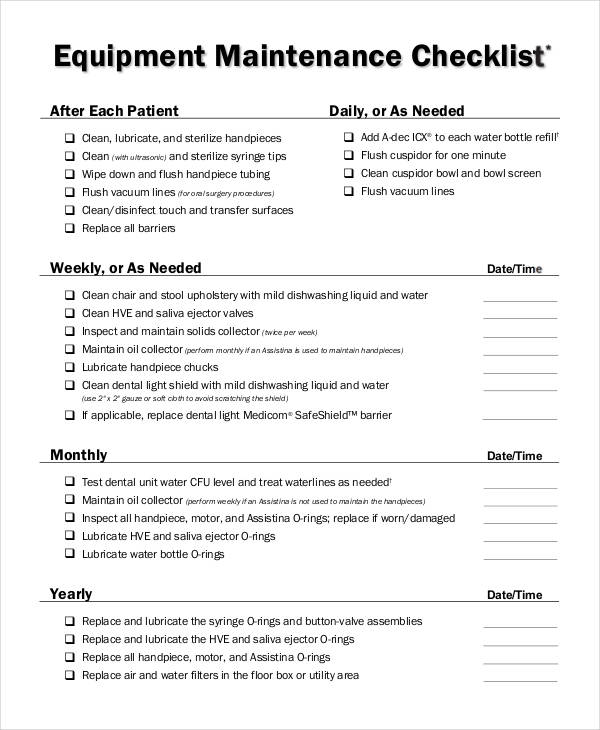 Equipment Maintenance Checklist Templates 15 Free Docs Xlsx PDF 
