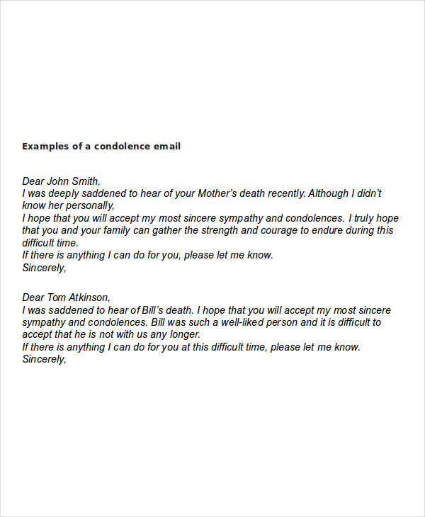 Condolence Email - 6+ Examples, Format, Pdf | Examples