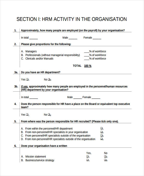 9 HR Questionnaire Examples To Download 9 HR Questionnaire Examples To Download