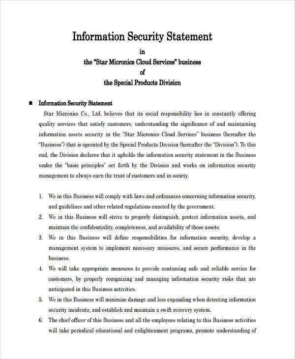 Security Statement 8 Examples Format Pdf Examples
