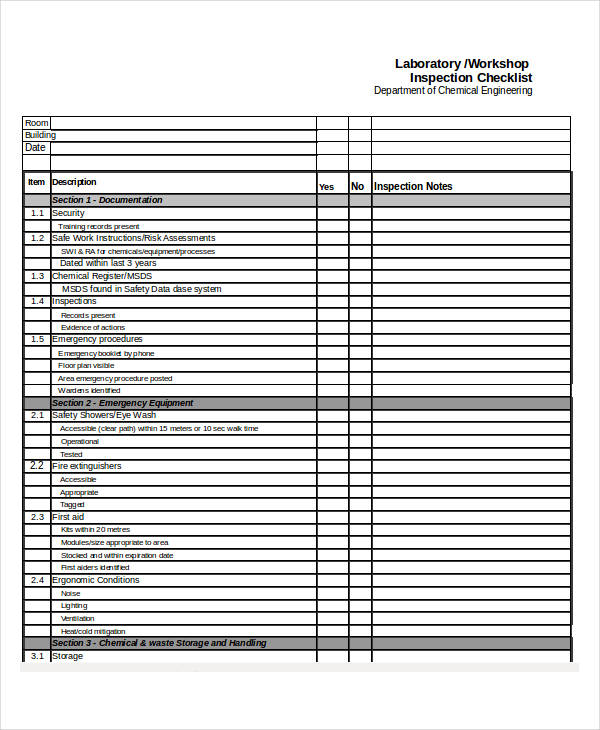 Inspection Checklist Template Excel Excel Templates