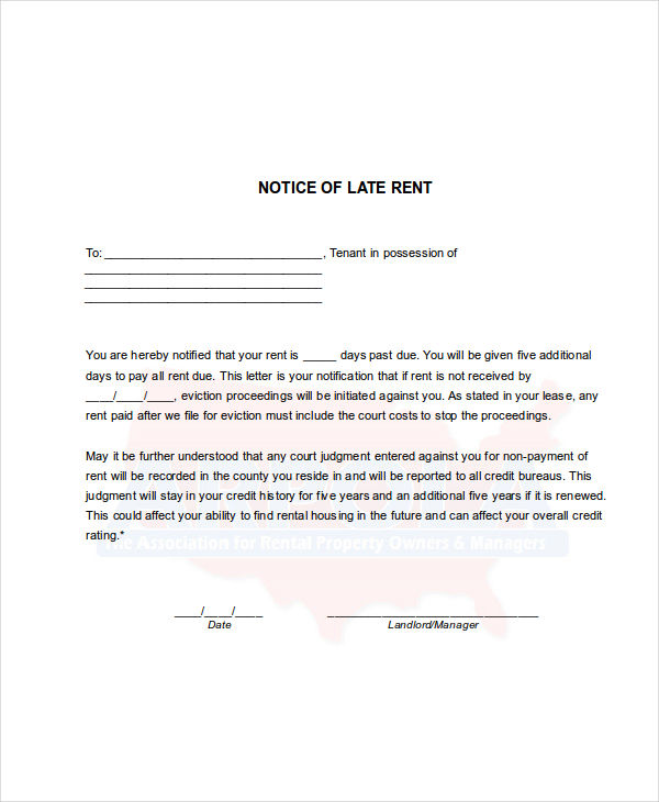 Late Rent Notice - 8+ Examples, Format, Pdf | Examples