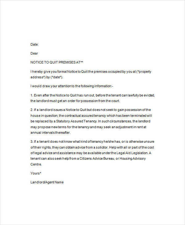 Notice To Quit 14 Examples Format Pdf Examples