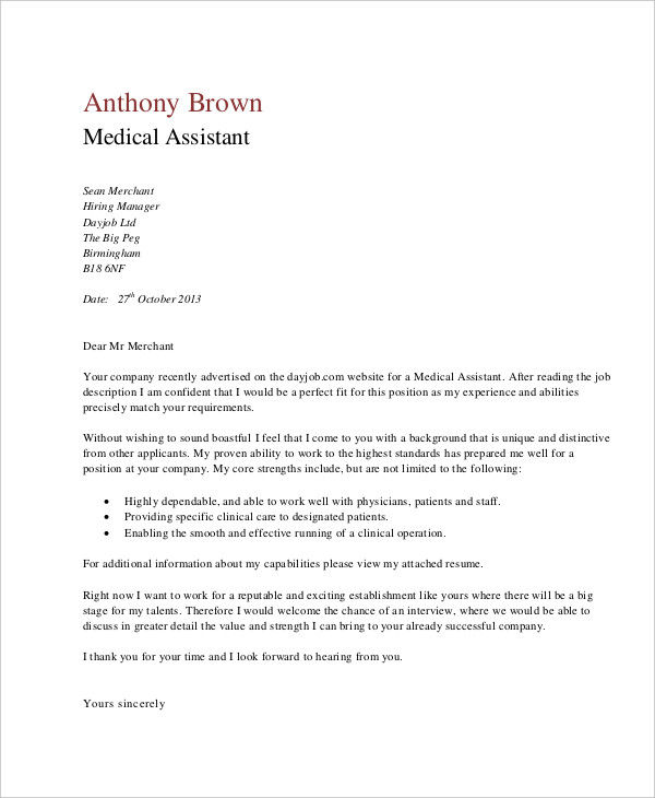 Example Cover Letters For Medical Assistant