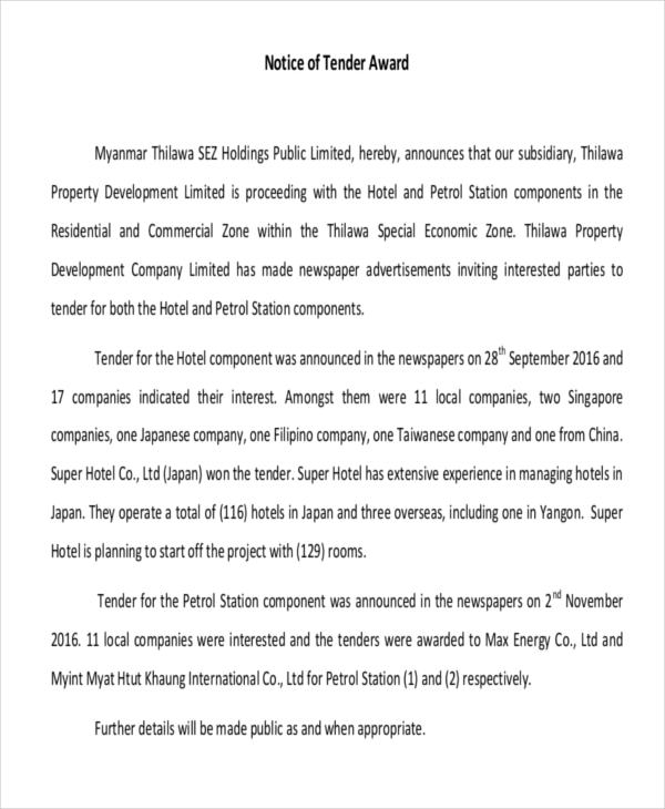 Tender Notice - 8+ Examples, Format, Pdf | Examples