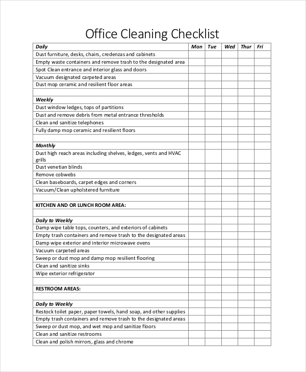 Printable Office Cleaning Checklist Pdf Printable Blank World