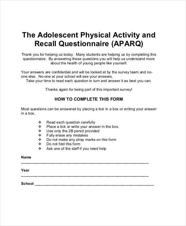 FREE 8+ Physical Activity Questionnaire Examples & Samples in PDF | Examples