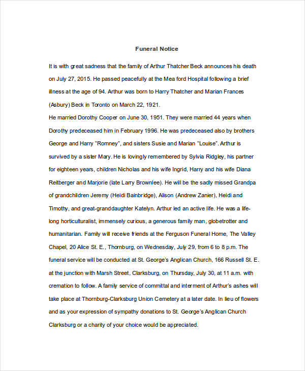 6 Funeral Notice Examples Samples