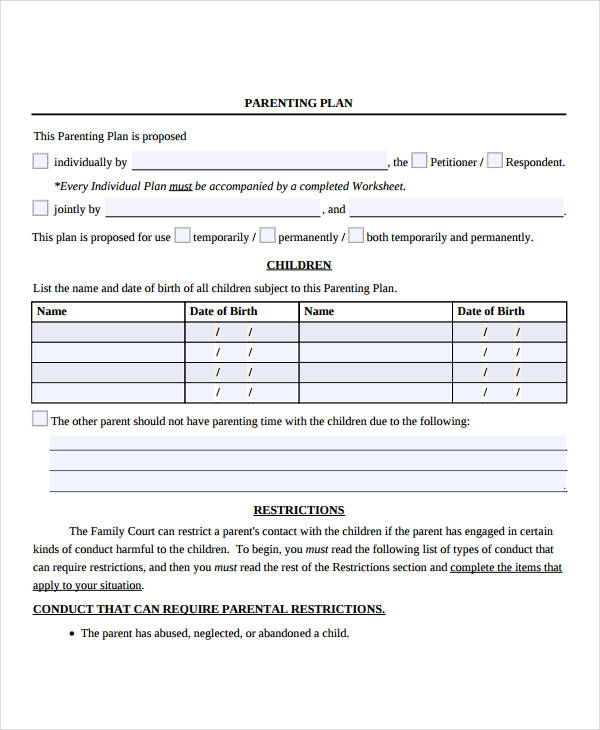 Free Parenting Plan Template Pdf Word Legal Templates Bank2home