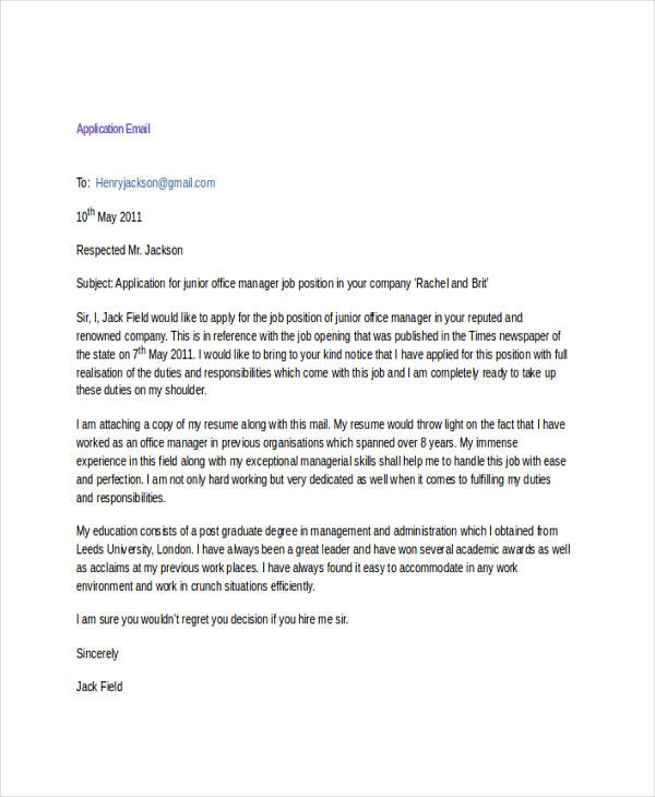 Application Email - 11+ Examples, Format, Sample | Examples