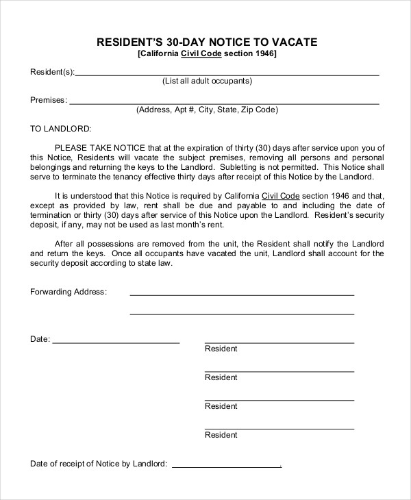 30 Day Notice To Vacate California Template
