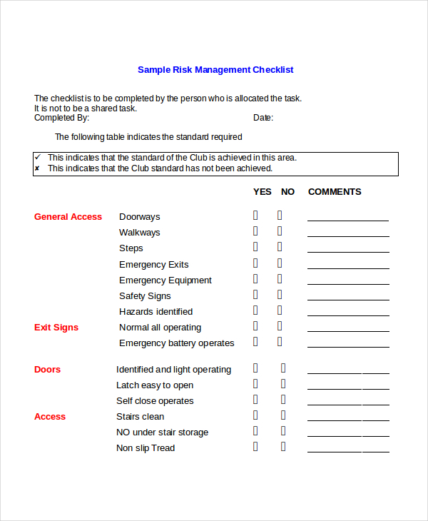 Risk Management Process Checklist Risk Assessment Checklist