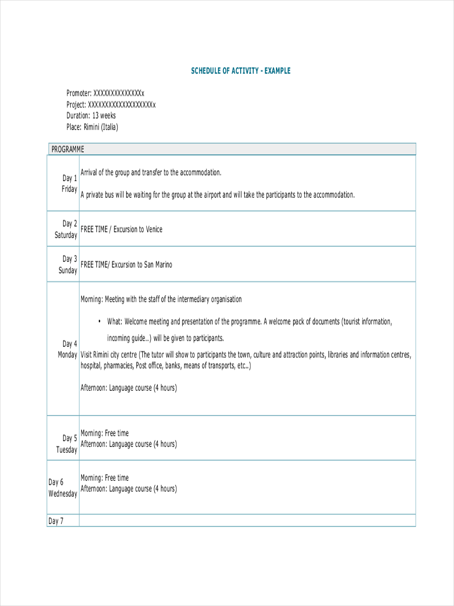 Activity Schedule - 10+ Examples, Format, Pdf | Examples