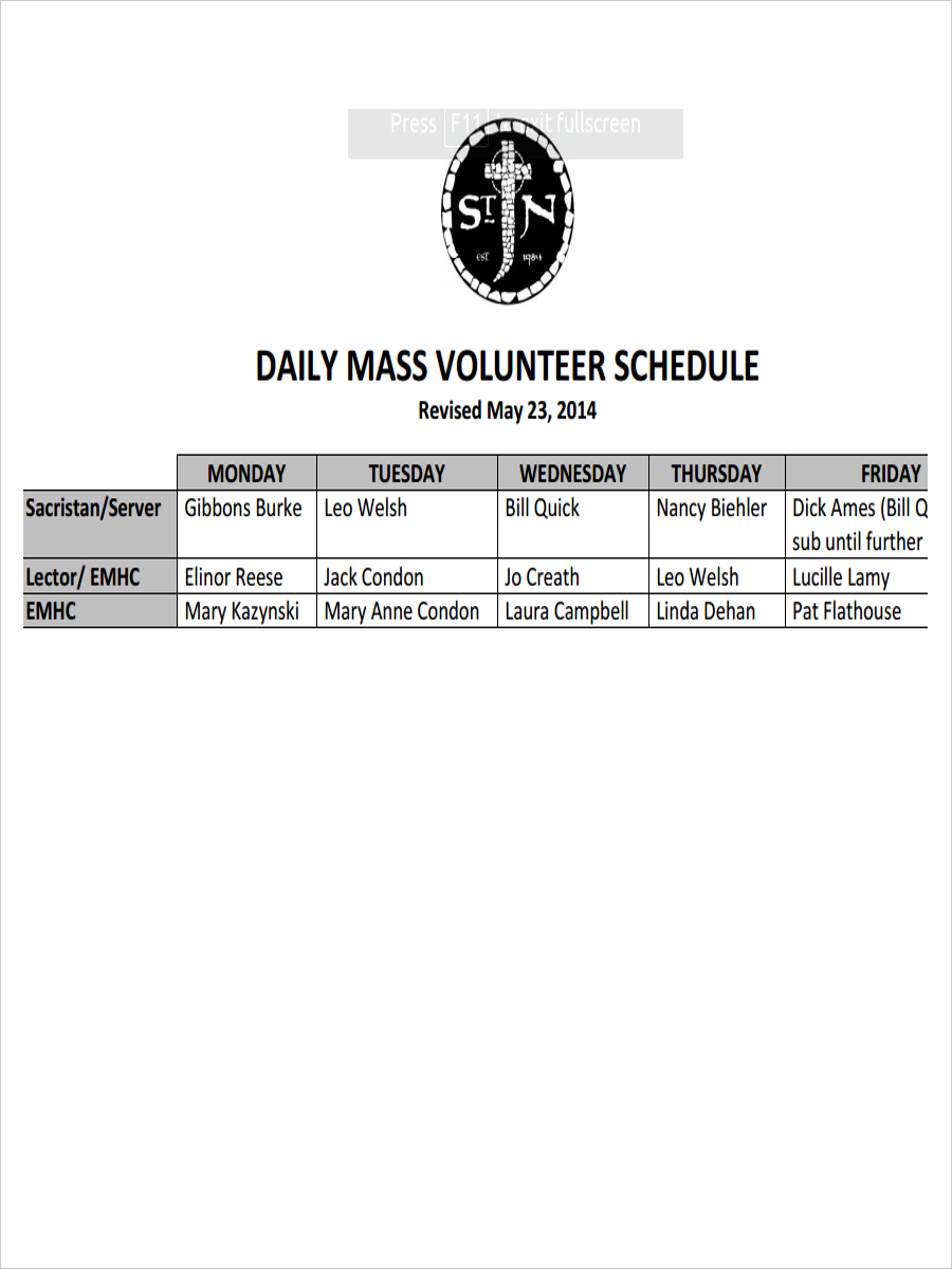 Church Volunteer Schedule Printable