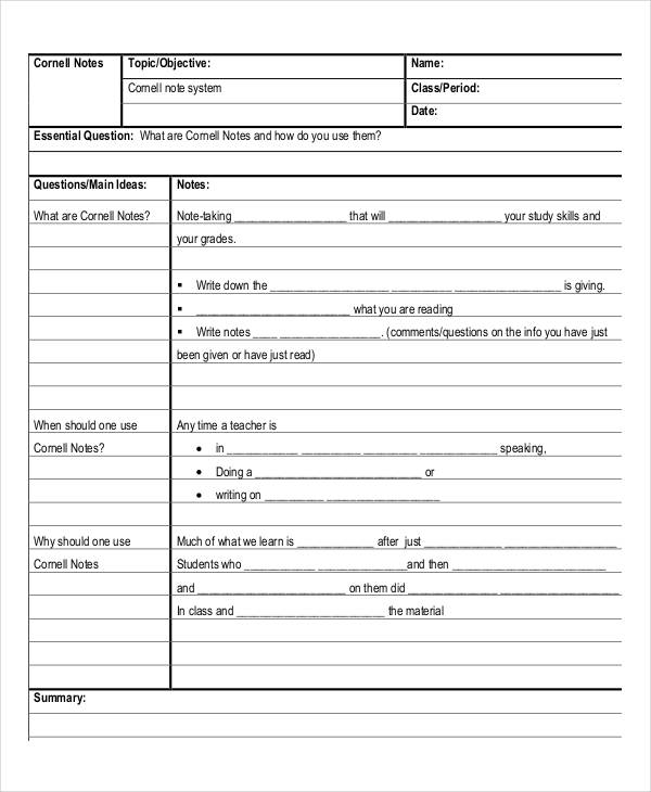 Cornell Note - 14+ Examples, Format, Pdf | Examples