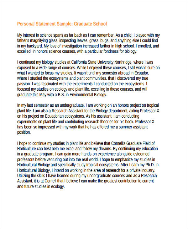 Graduate School Personal Statement - 5+ Examples, Format, Pdf | Examples