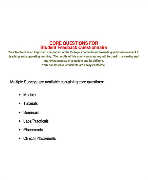 Feedback Questionnaire - 9+ Examples, Format, Pdf | Examples