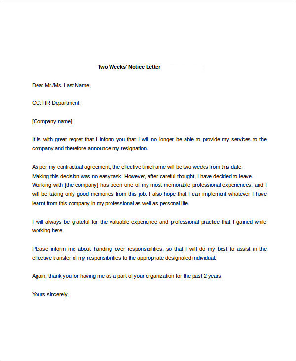 Two Weeks Notice - 6+ Examples, Format, Pdf | Examples
