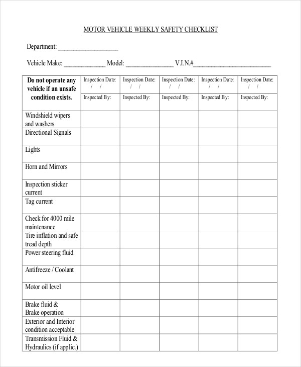 Vehicle Inspection Sheet Template DocTemplates