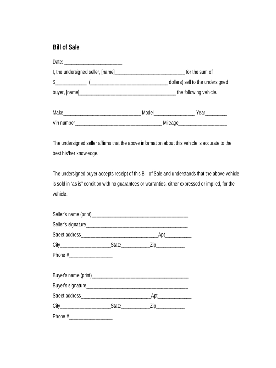 Free Bill Of Sale Document For Car Receipt Templates