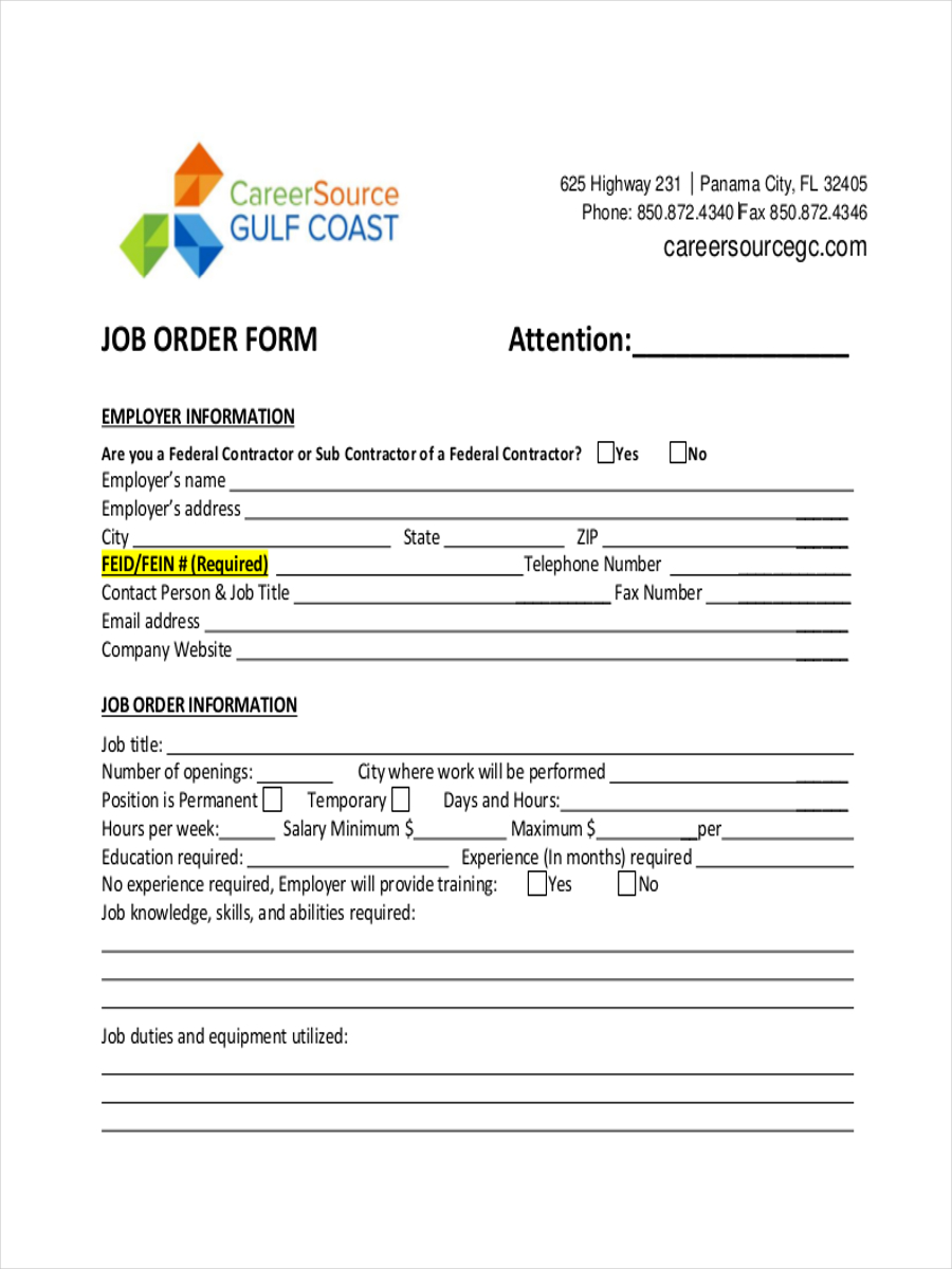 Job Order Form Template Excel