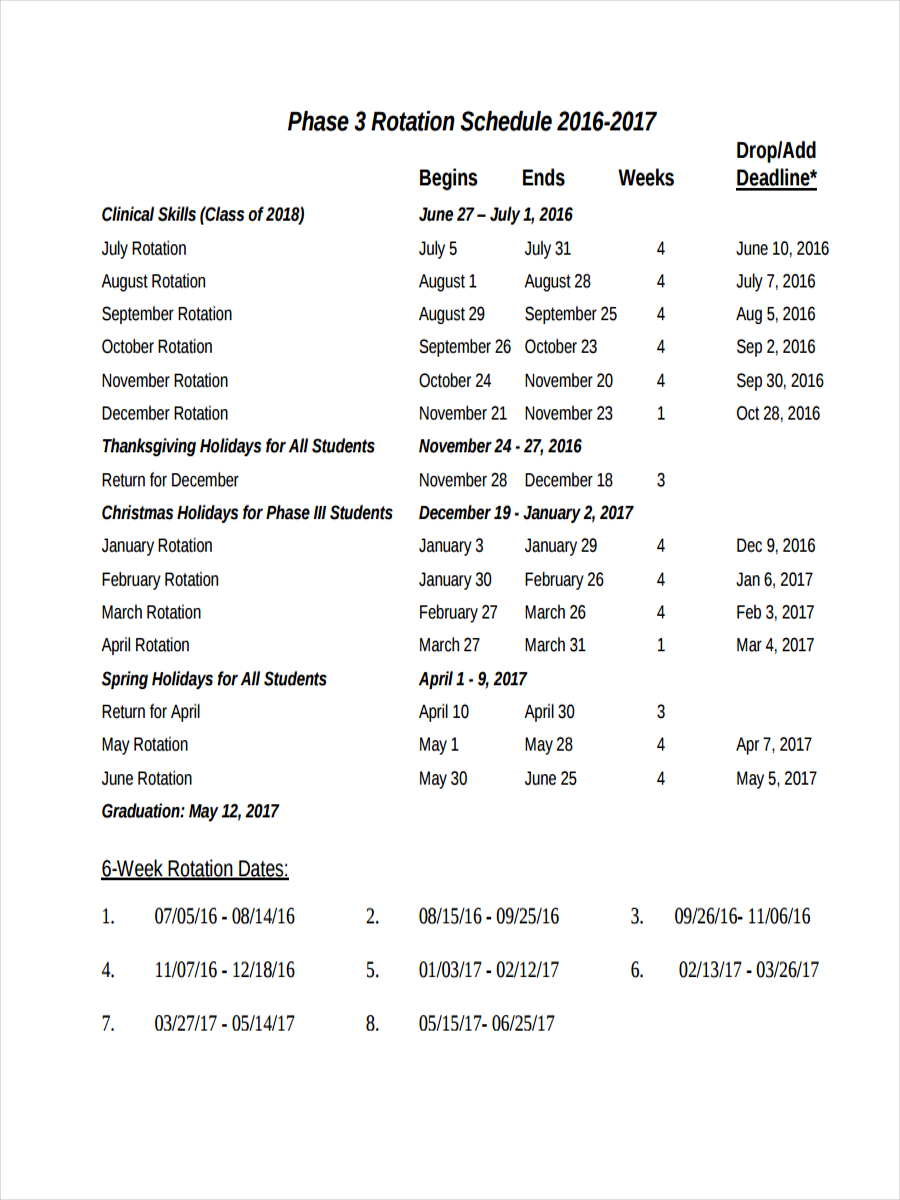 Rotation Schedule - 6+ Examples, Format, Pdf | Examples