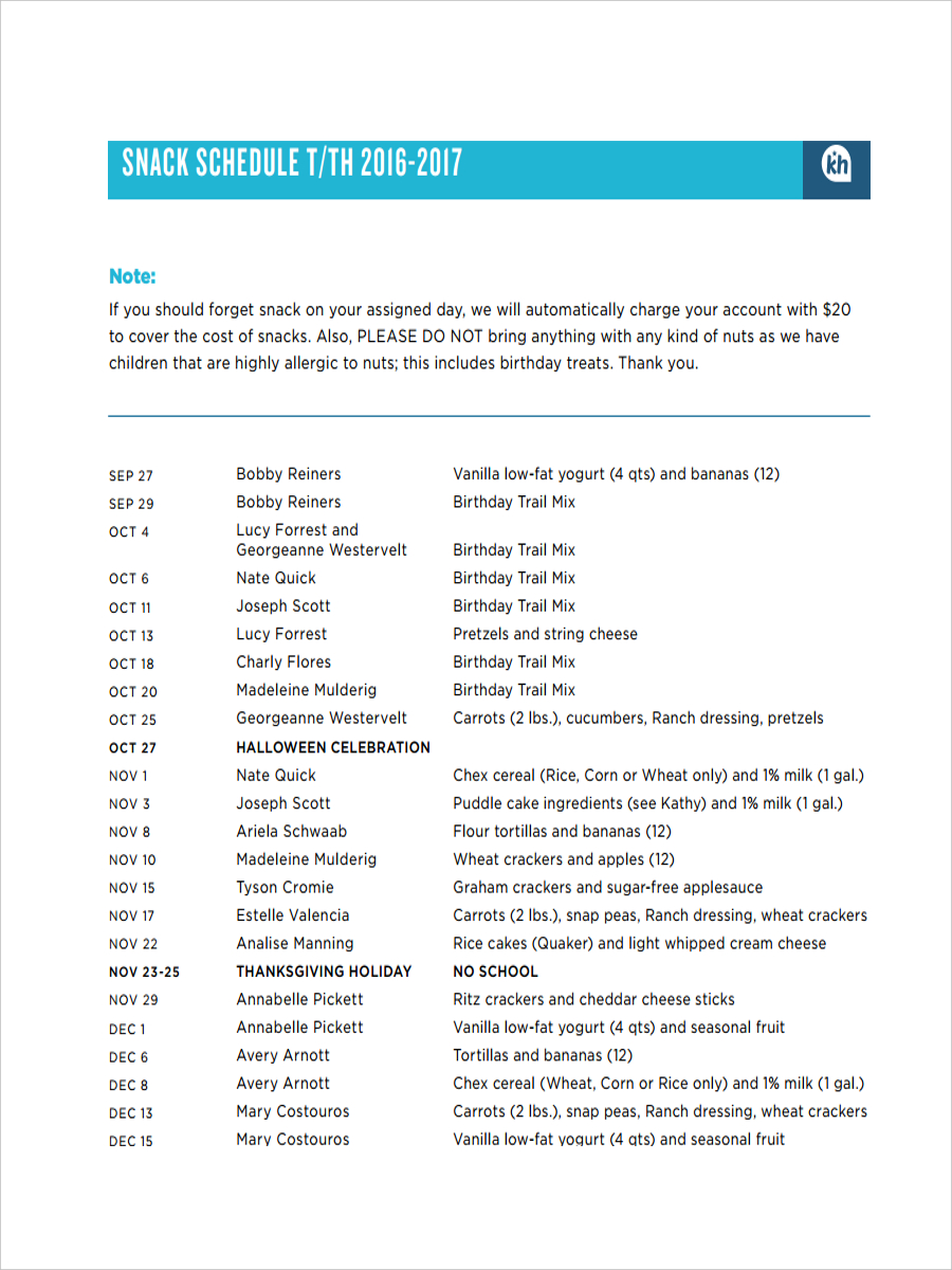 Snack Schedule - 8+ Examples, Format, Pdf | Examples