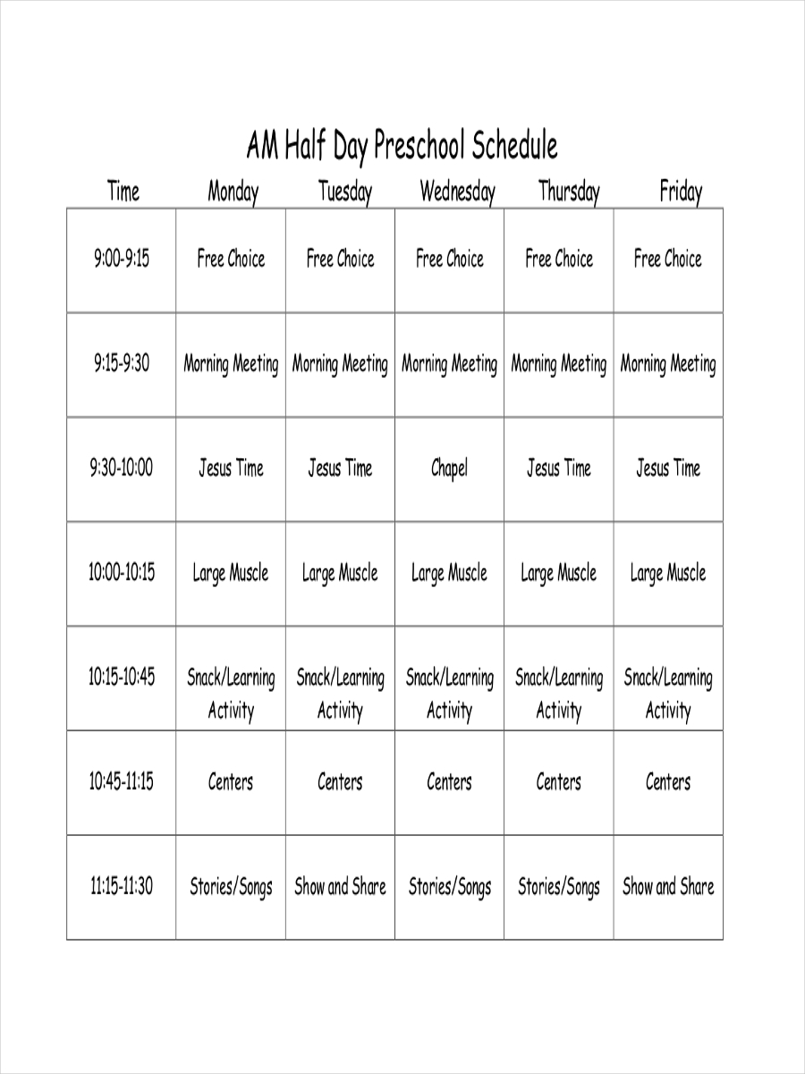 Preschool Schedule Examples 9 Samples In Google Docs Word Page 