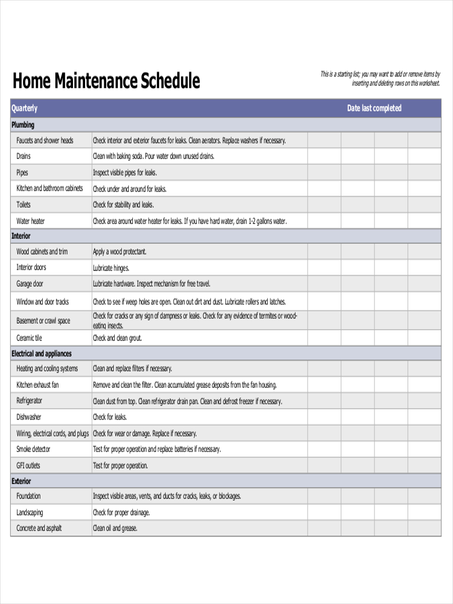 Maintenance Schedule Template