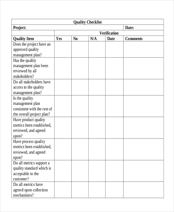 Quality Checklist 11 Examples Format Pdf Examples